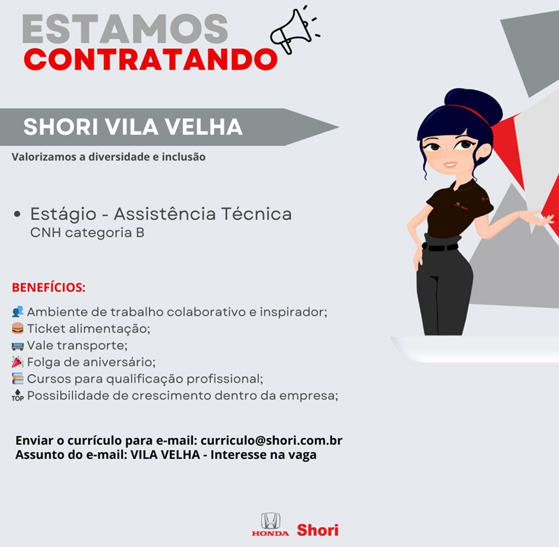 Honda Shori Vila Velha contrata Estagiário de Assistência Técnica